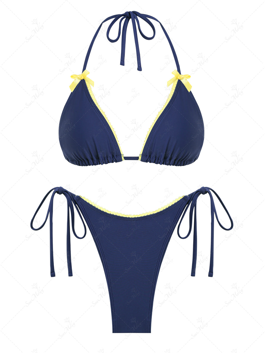 Seamolly Picot Trim Bow Decor Halter Tie Triangle String Bikini Set