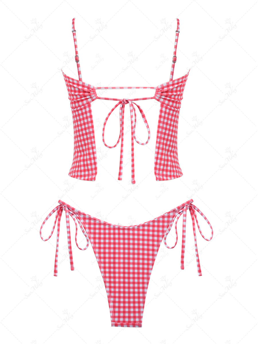 Seamolly Gingham Cinched Back Bow Decor Tie Side Tankini Set