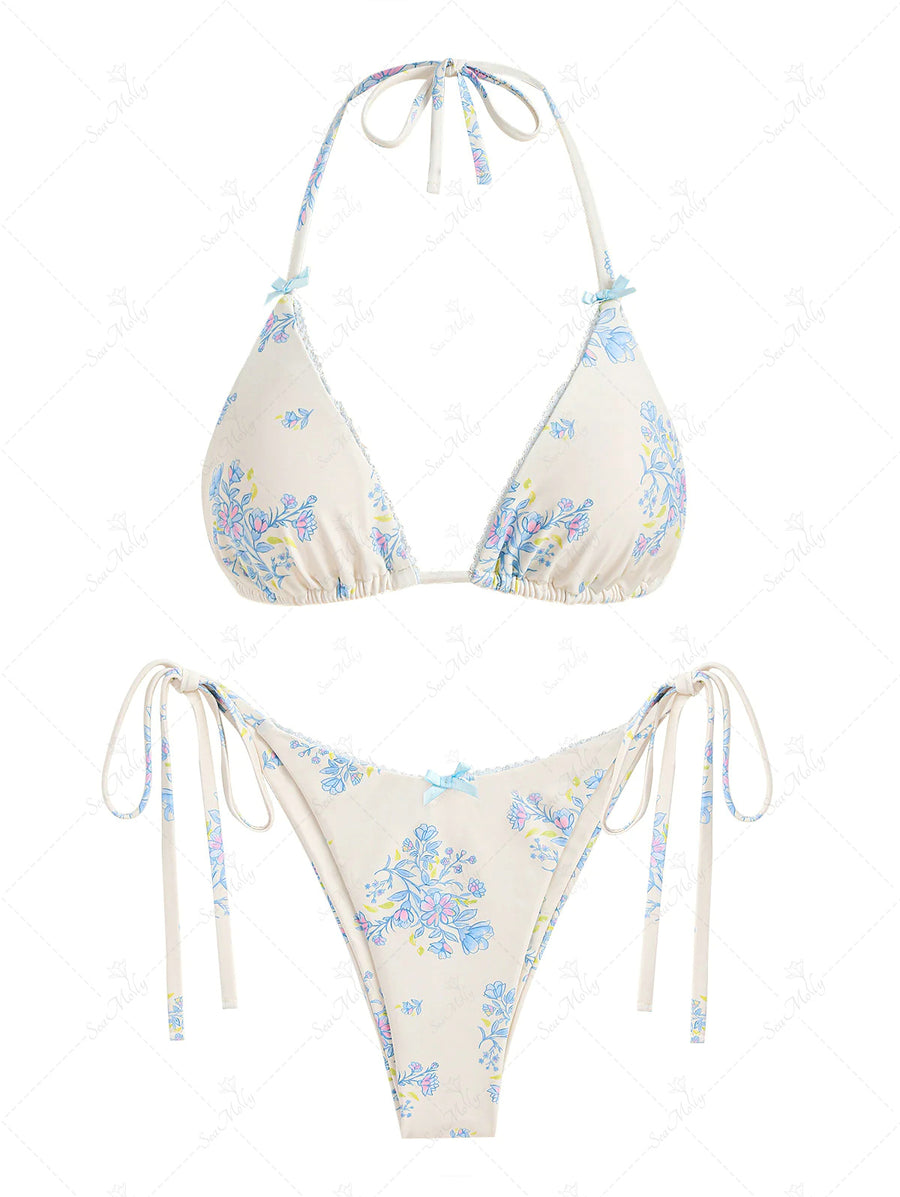 Seamolly Vintage Tiny Blue Floral Bow Tie Triangle Tanga Bikini Set