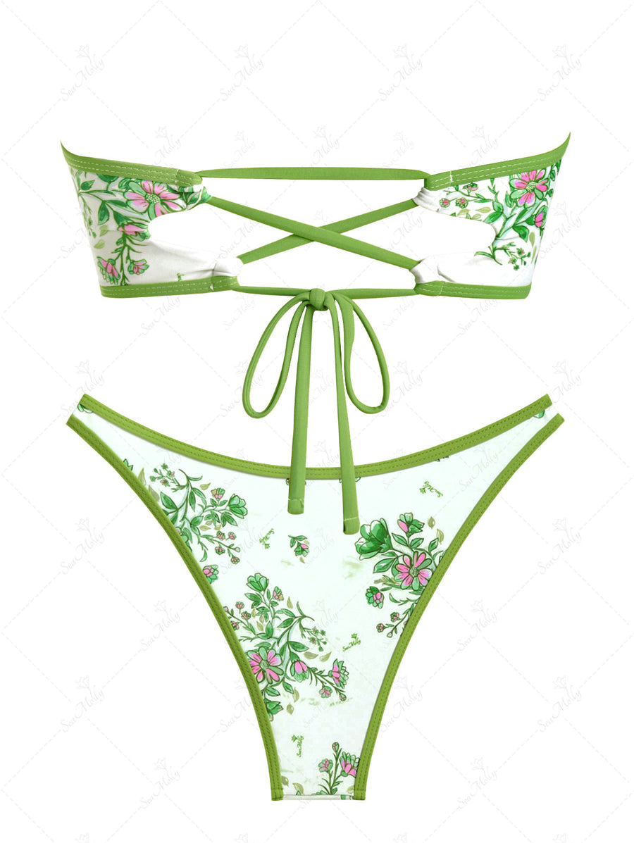 Seamolly Floral Bow Decor Ruched Lace Up Bandeau Bikini Set
