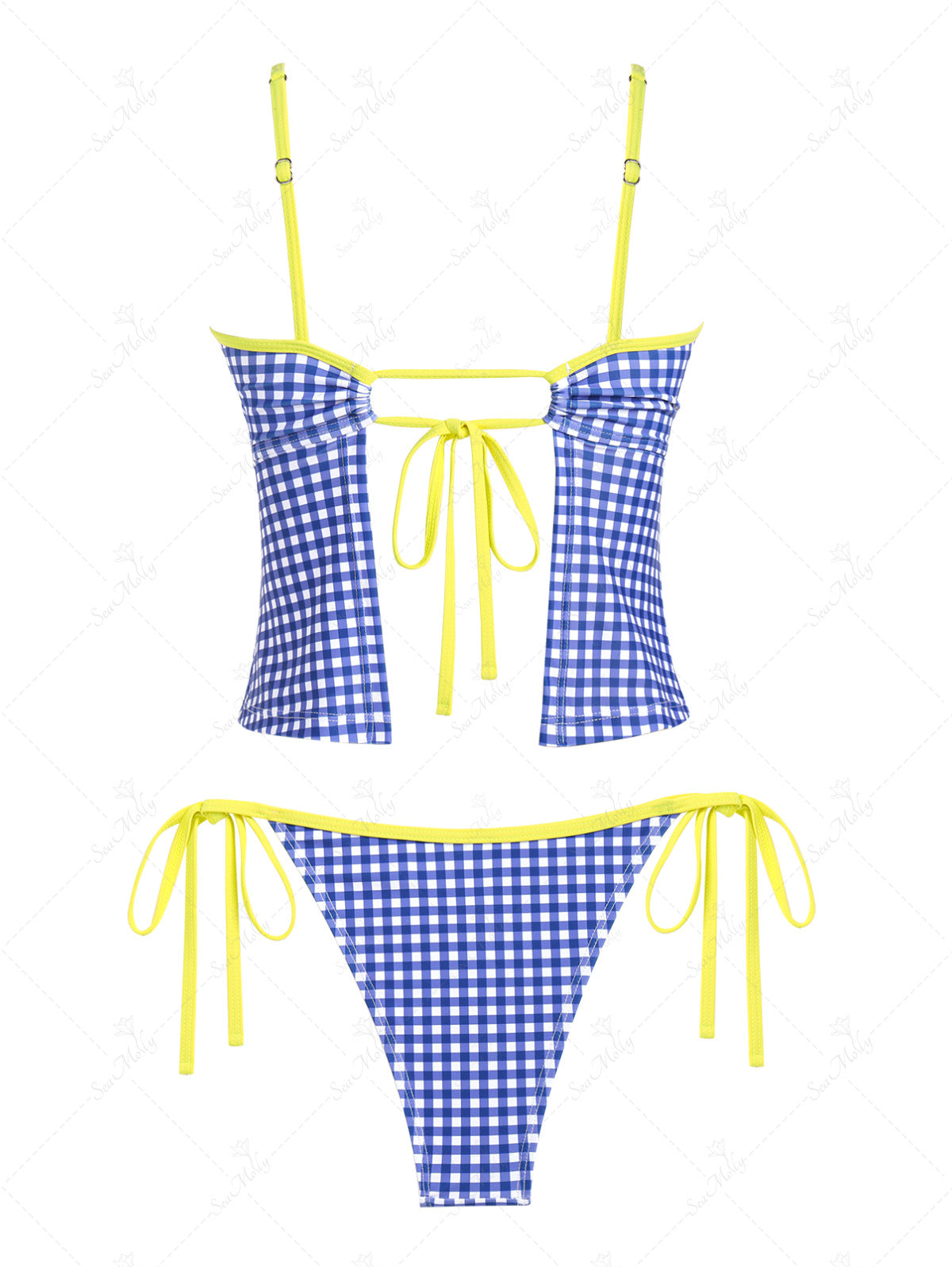 Seamolly Vintage Blue Gingham Cinched Back Bow Decor Tie Side Tankini