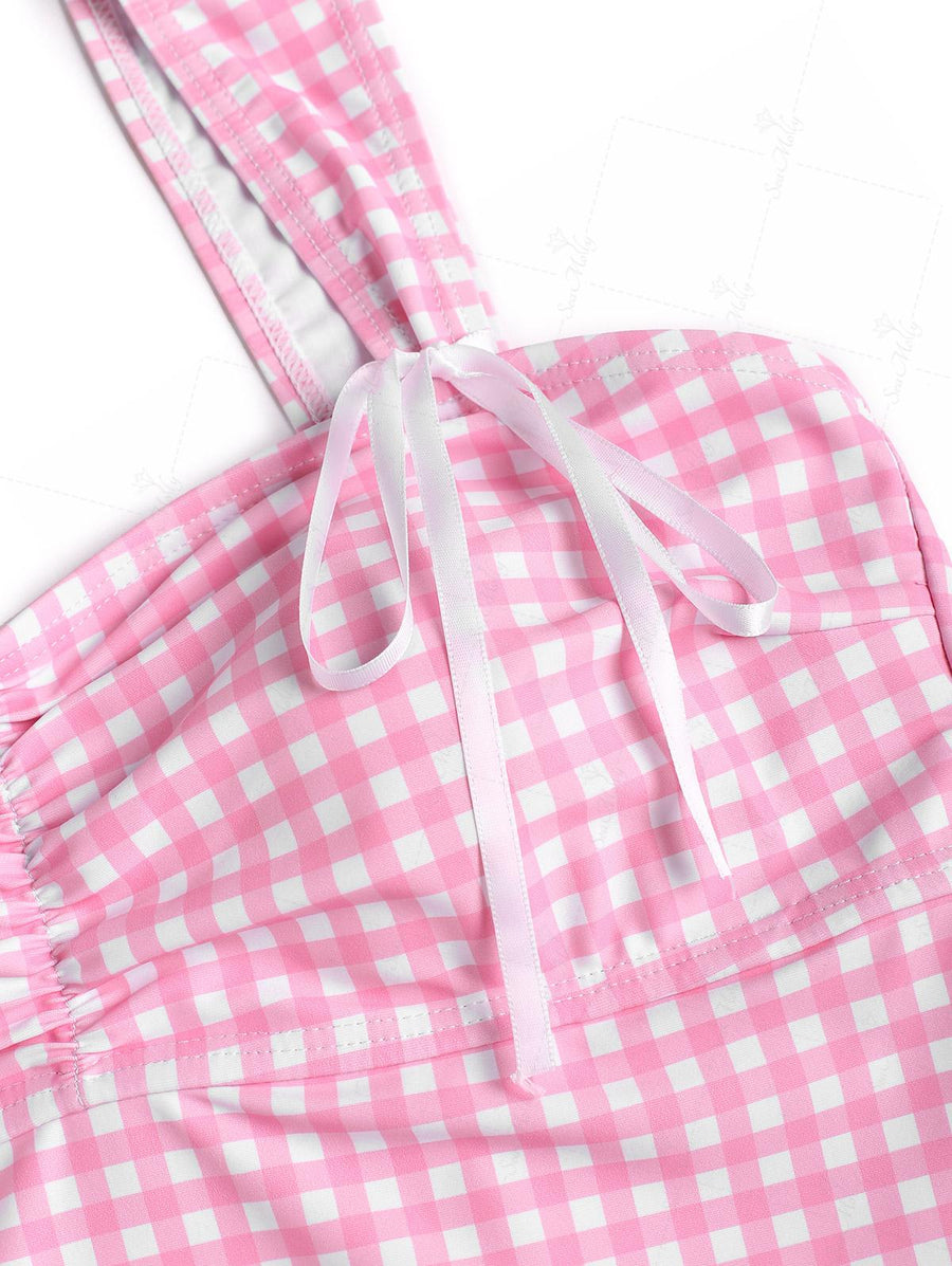 Seamolly Gingham Ruched Bowknot Decor Cinched Back Tankini Set