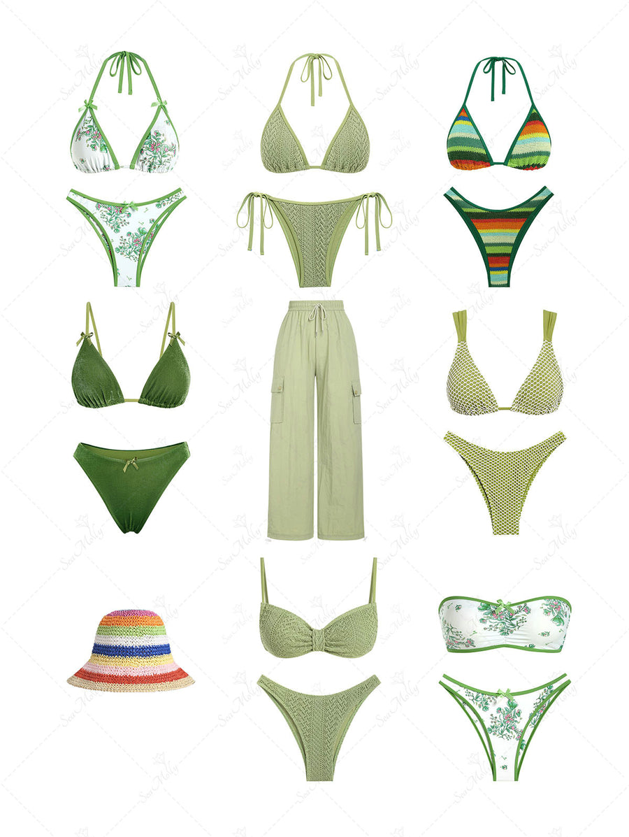 Seamolly Floral Bow Decor Ruched Lace Up Bandeau Bikini Set