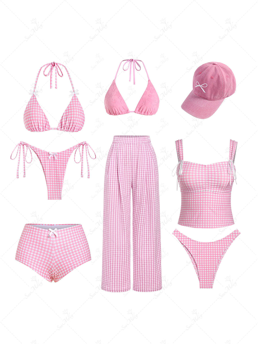 Seamolly Gingham Ruched Bowknot Decor Cinched Back Tankini Set