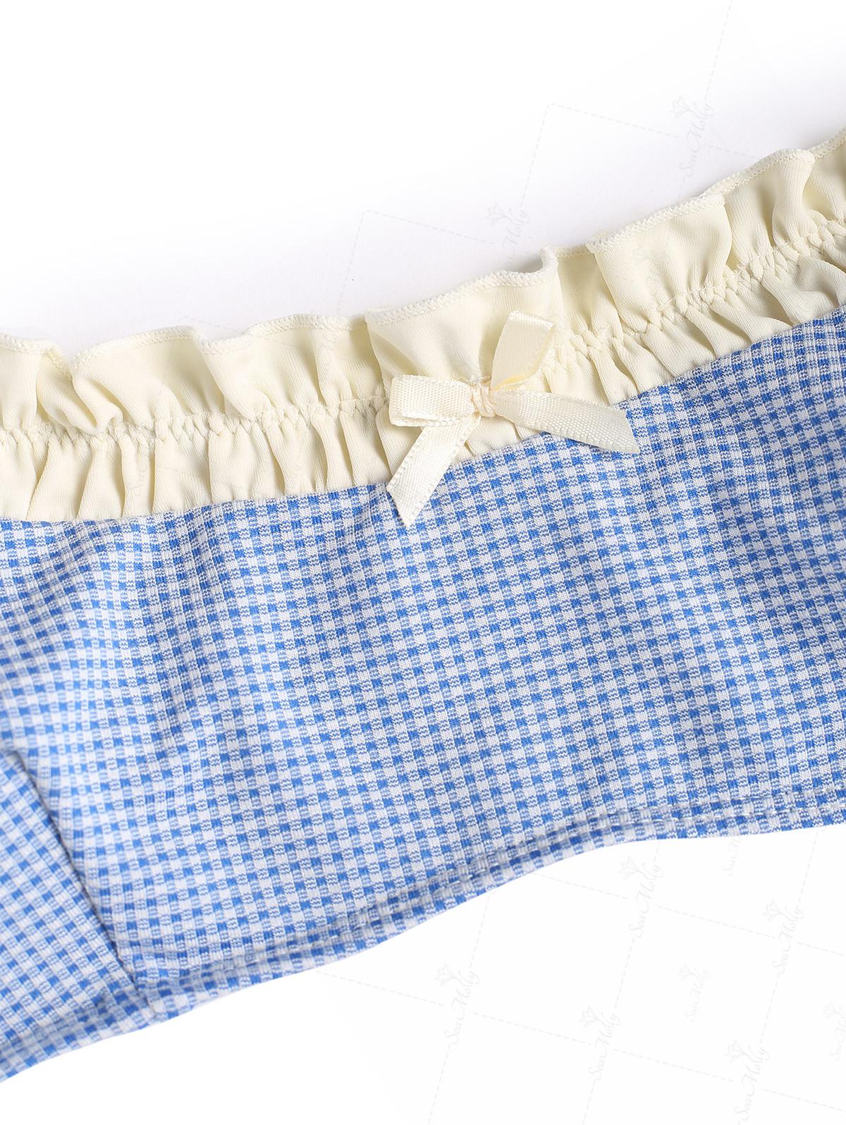 Seamolly Vintage Gingham Spliced Ruched Ruffles Trim Bowknot Decor Tie