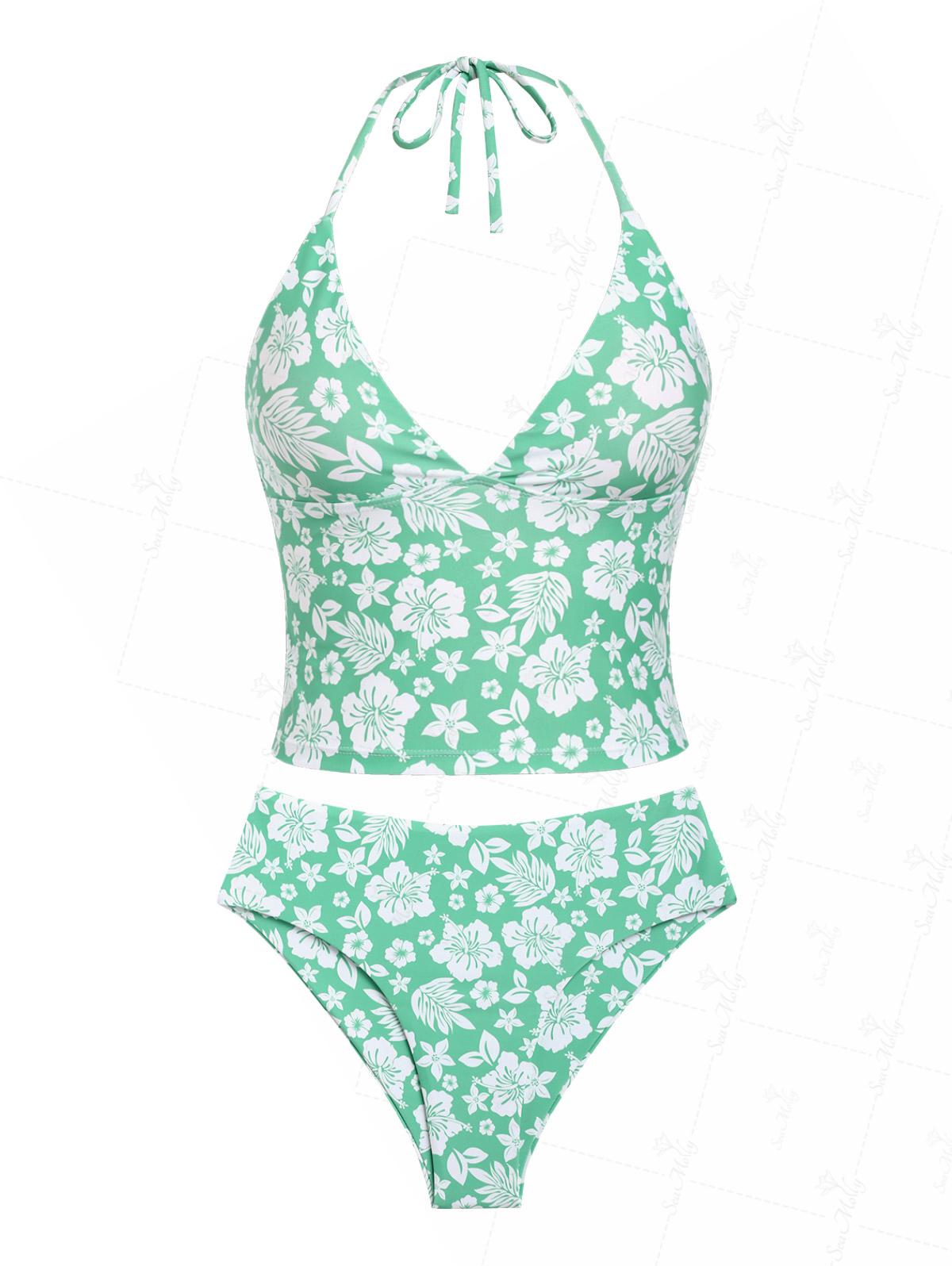 Seamolly Hawaii Style Floral Print Halter Tied High Waisted Tankini Se