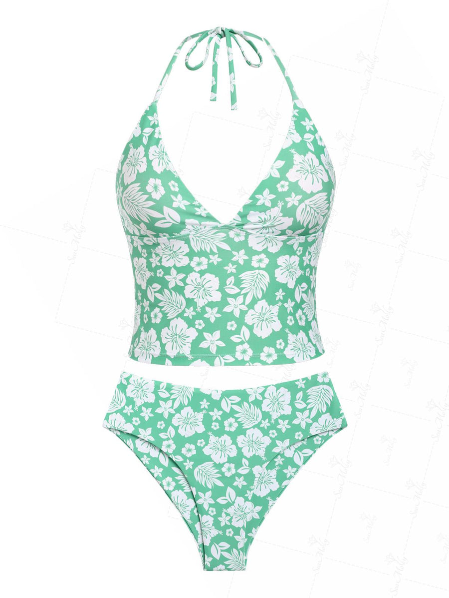 Seamolly Hawaii Style Floral Print Halter Tied High Waisted Tankini Se