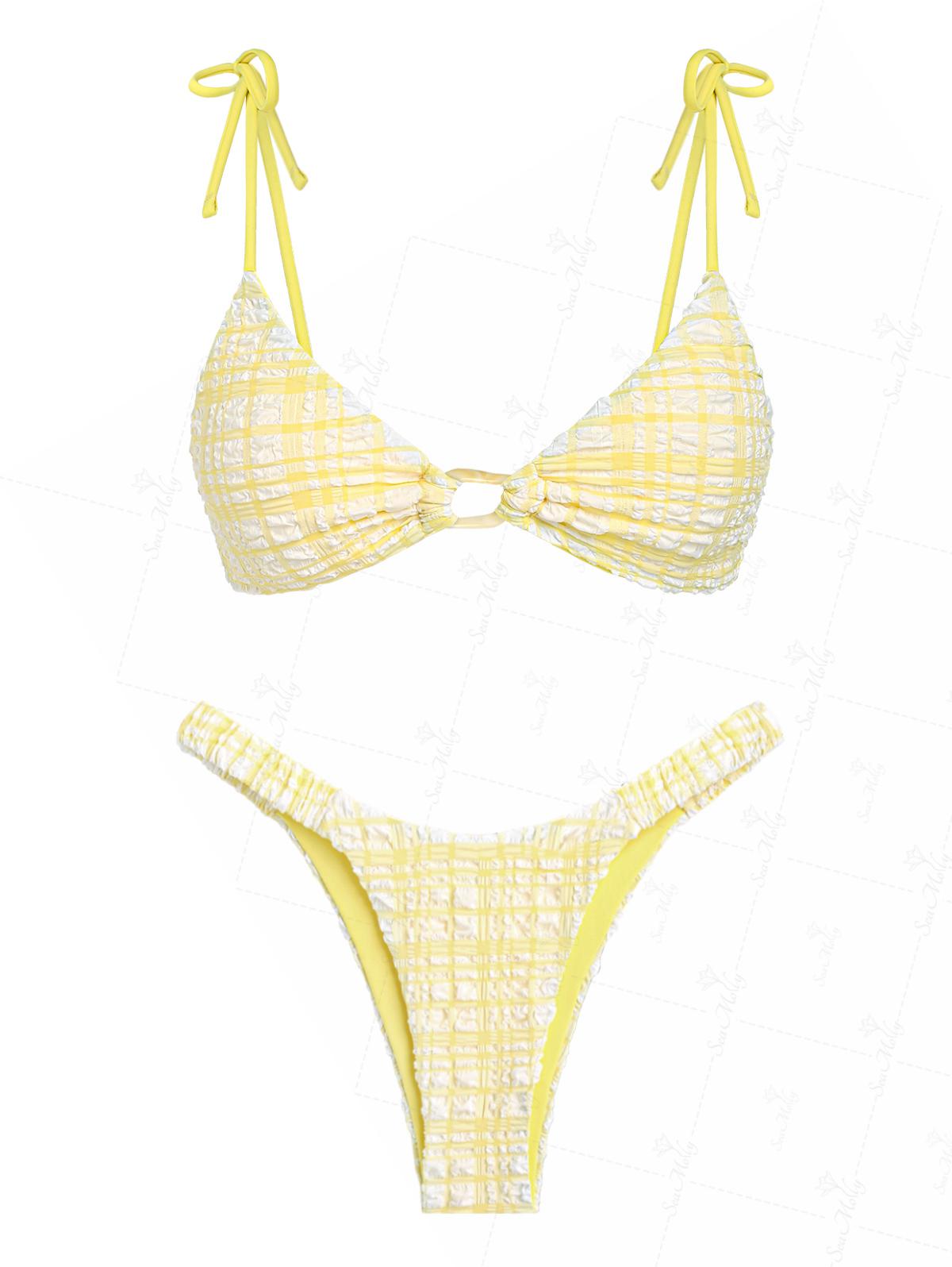 Seamolly Gingham Contrast Color Tied Shoulder High Leg Bikini Set