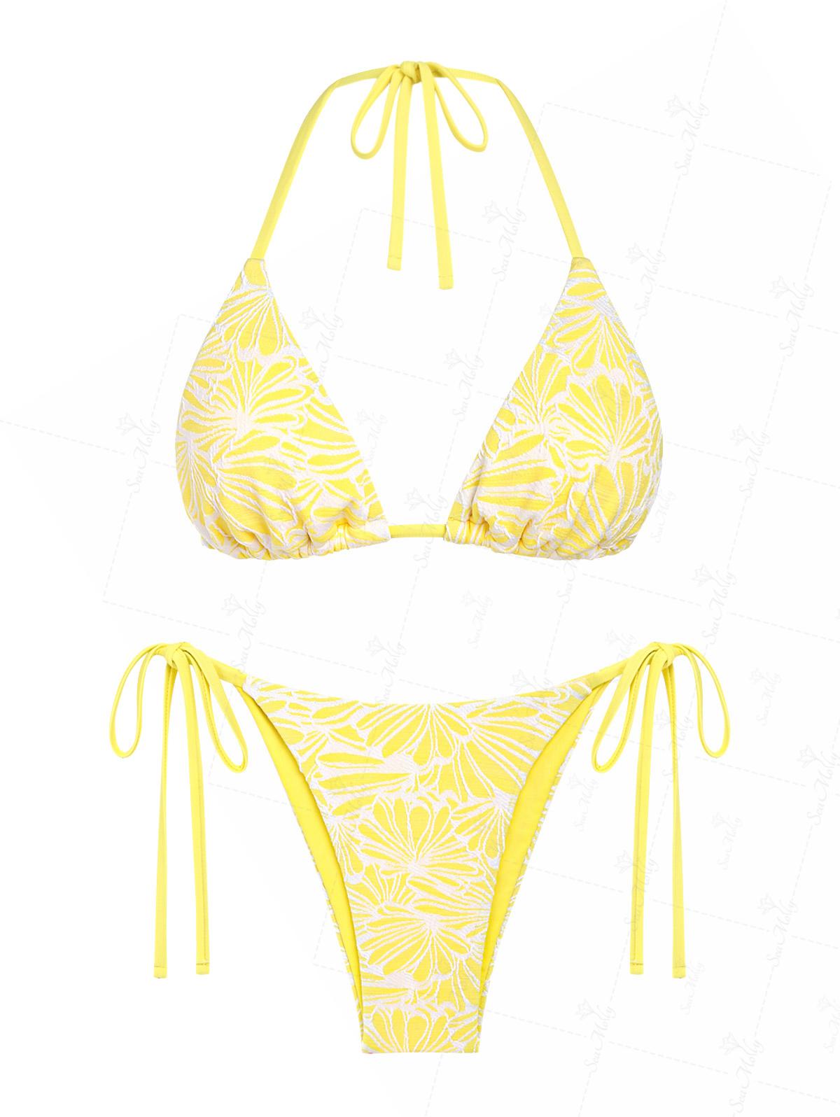 Seamolly Contrast Color Jacquard Halter Triangle Tie Side Bikini Set