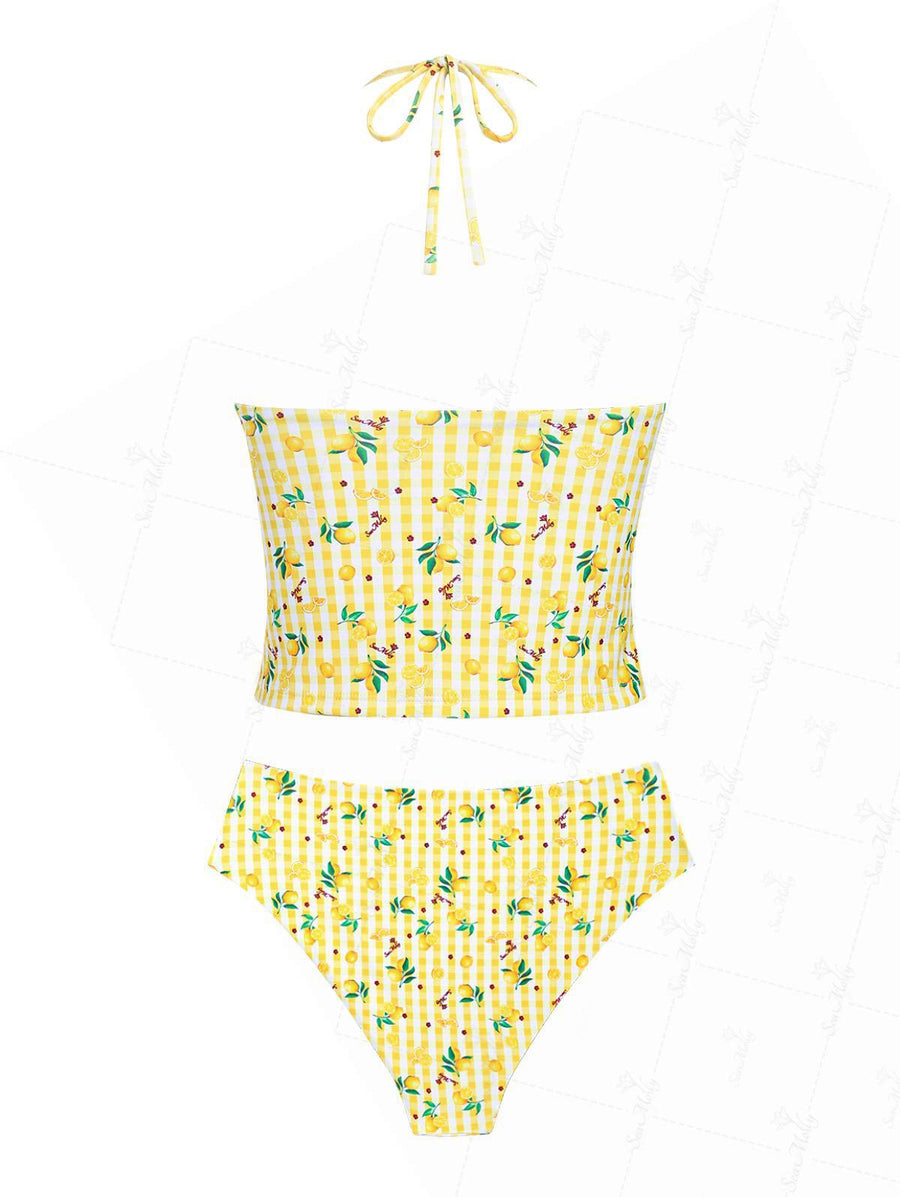 Seamolly Gingham Lemon Print Halter Tied Tank Top & Full Coverage Bott