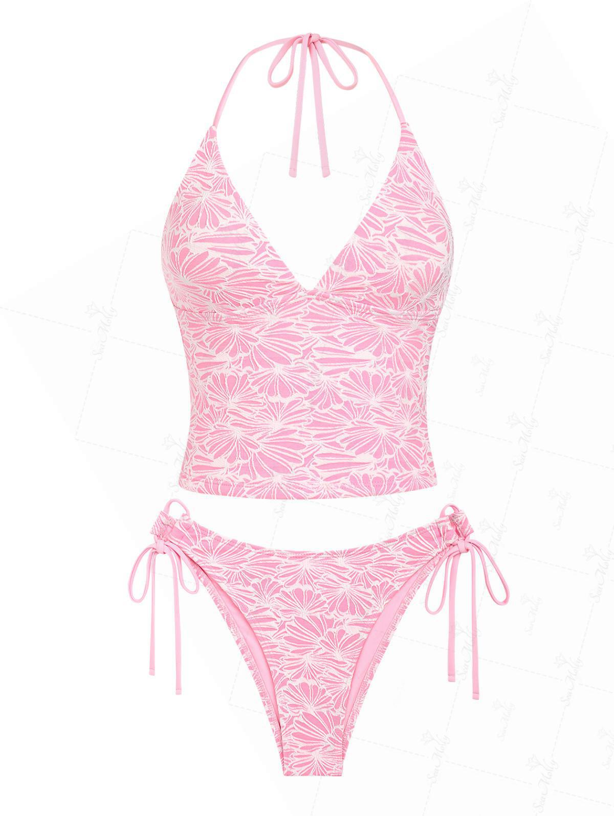 Seamolly Floral Jacquard Textured Halter Tie Side Tankini Set