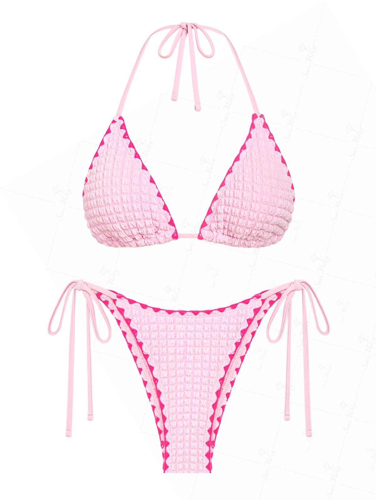 Seamolly Textured Contrast Whip Stitching Halter Triangle Tie Side Bik