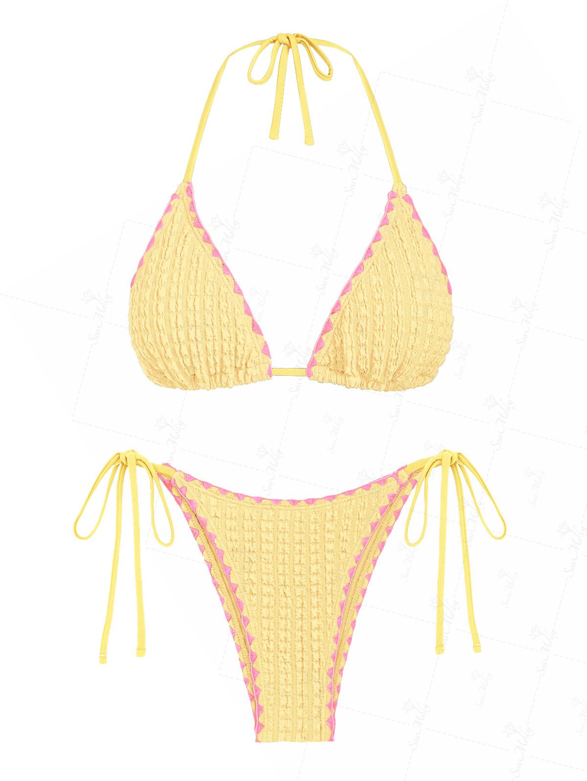 Seamolly Textured Contrast Whip Stitching Halter Triangle Tie Side Bik