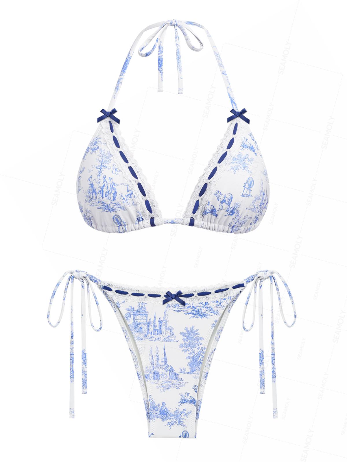 Seamolly Toile de Jouy Print Lace Bowknot Halter Triangle Tie Side Bik