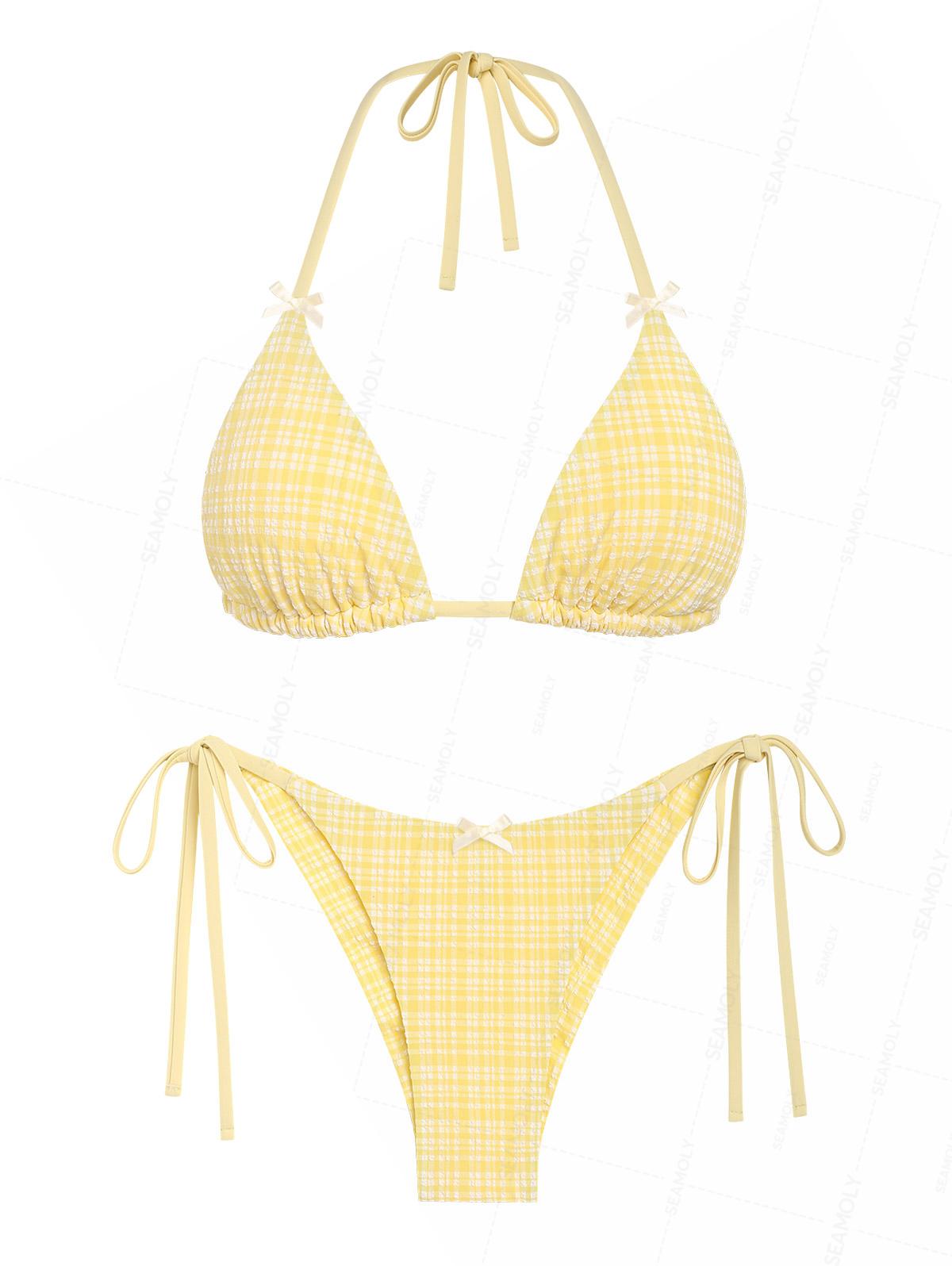 Seamolly Plaid Bowknot Halter Triangle Top & Brazilian Bottom Bikini S