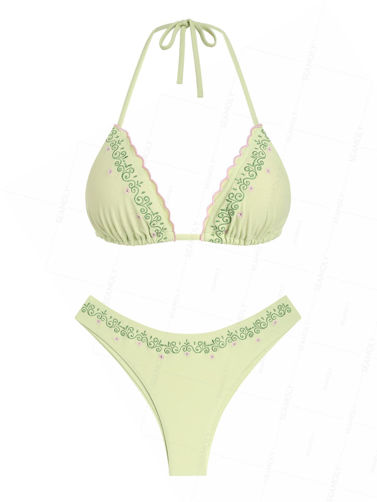 Seamolly Vintage Embroidered Scalloped Edge Halter Triangle Bikini Set