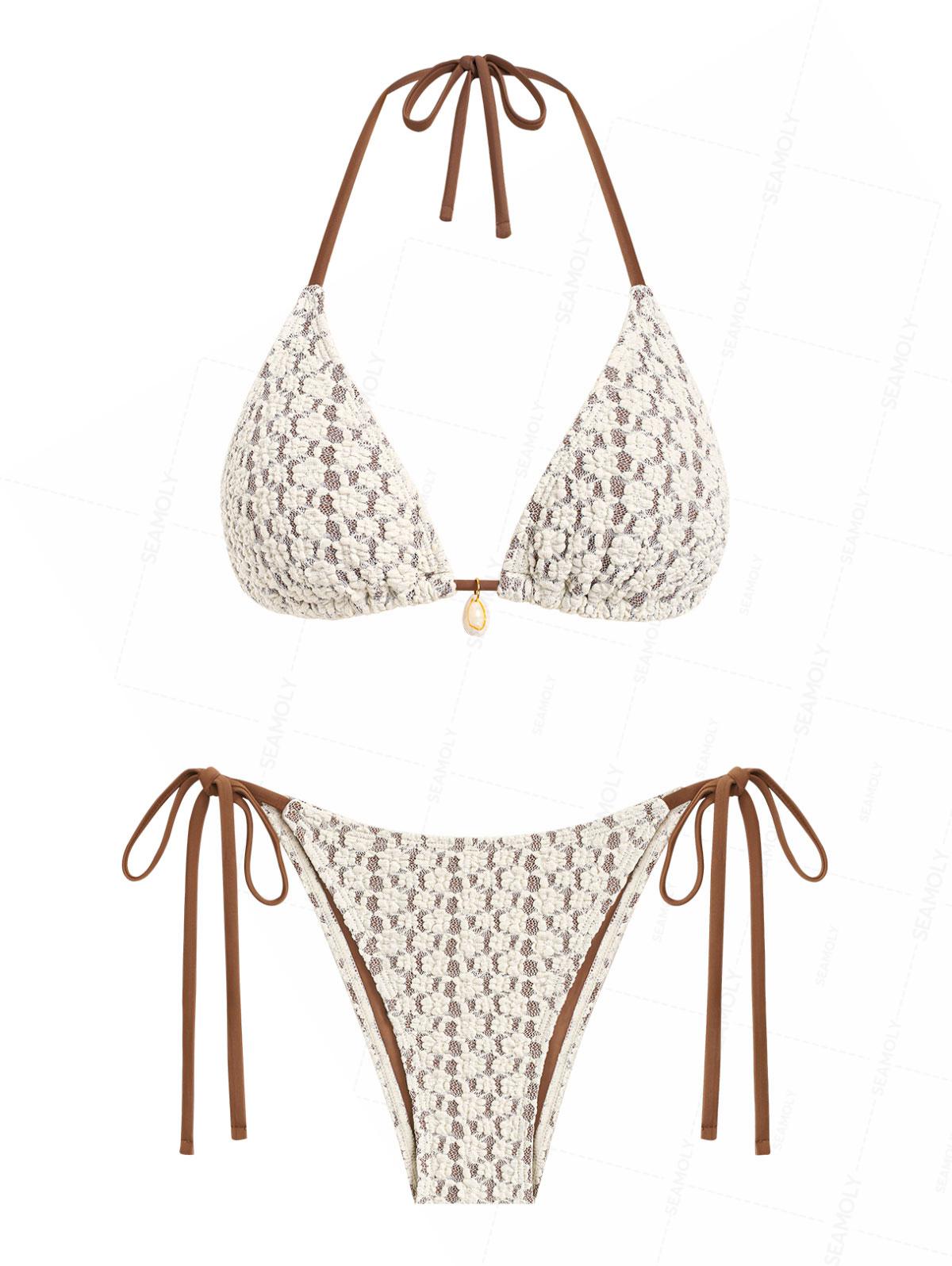 Seamolly Contrast Color Lace Shell Decor Halter Triangle Bikini Set