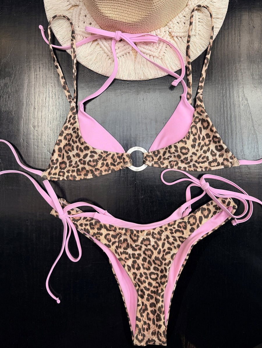 Seamolly Leopard Print Contrast Color O Ring Double Layer Bikini Set