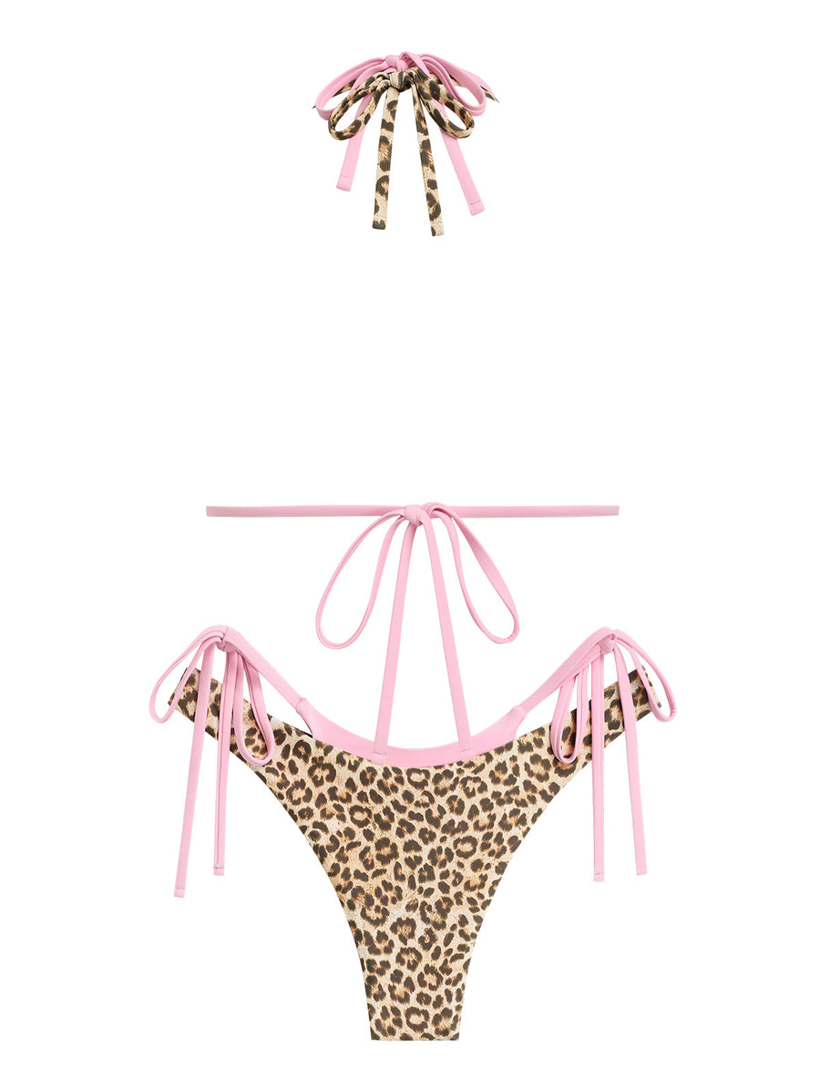 Seamolly Leopard Print Contrast Color O Ring Double Layer Bikini Set