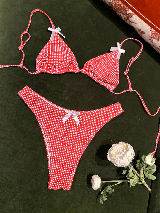Seamolly Red Gingham Bow Decor Triangle Bikini Set