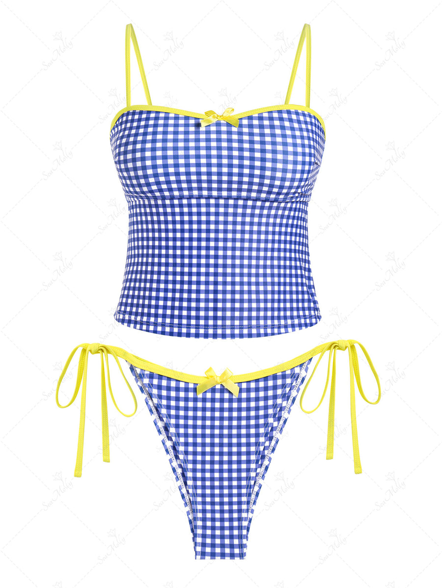 Seamolly Vintage Blue Gingham Cinched Back Bow Decor Tie Side Tankini