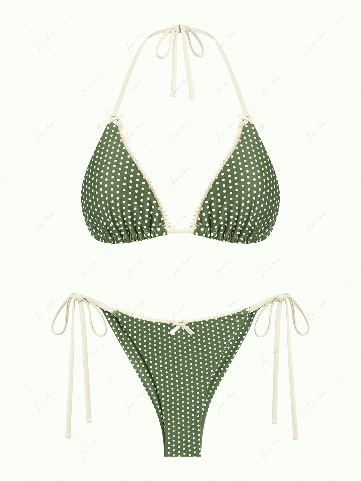 Plant Green Polka Dot Lace Bowknot Triangle Top & Cheeky Brazilian Bot ...